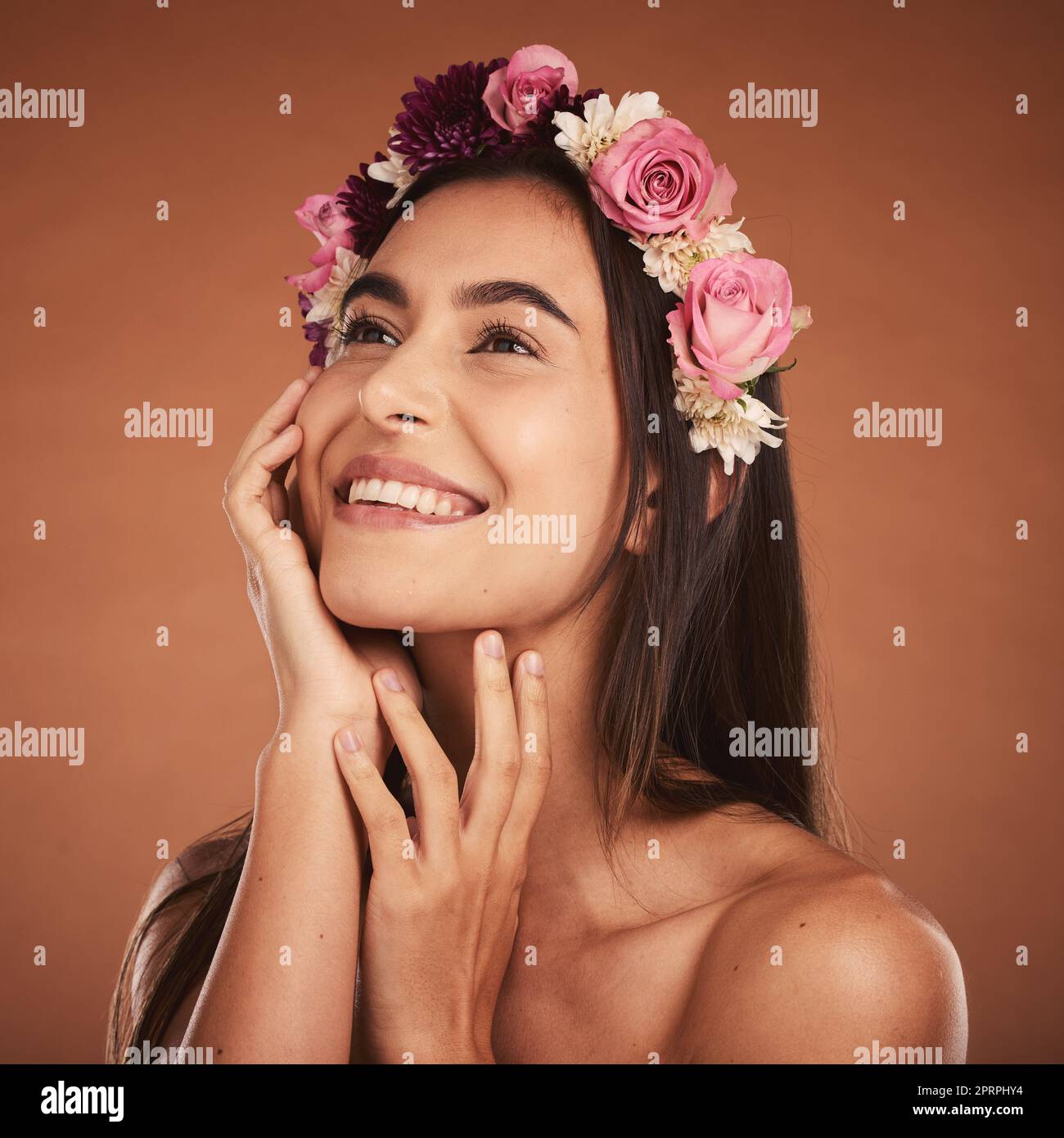 Flower, crown and woman in beauty studio, skincare and wellness while ...
