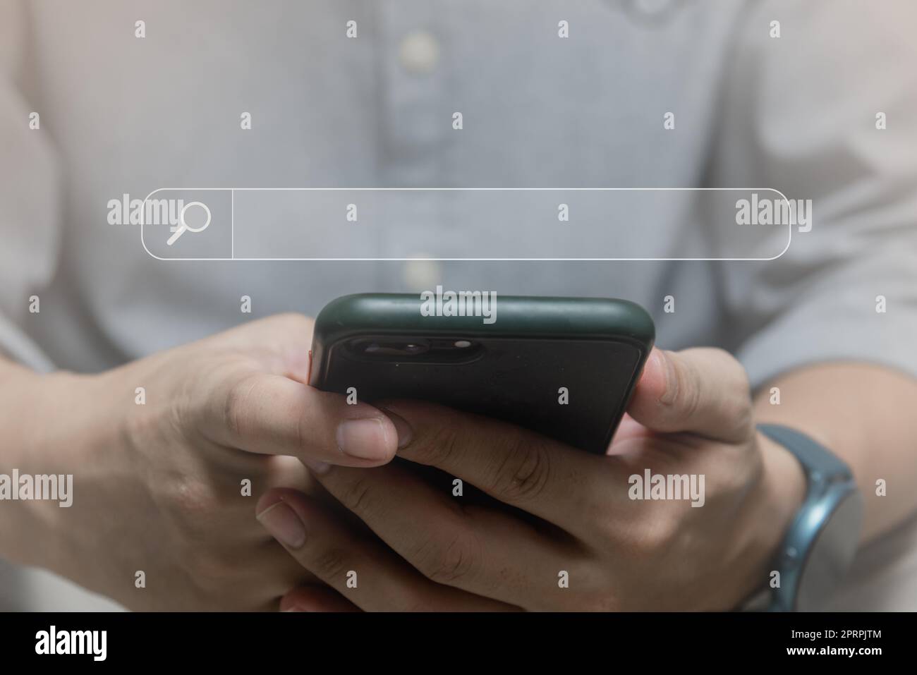 Man use mobile smart phone to Searching for information showing Search ...
