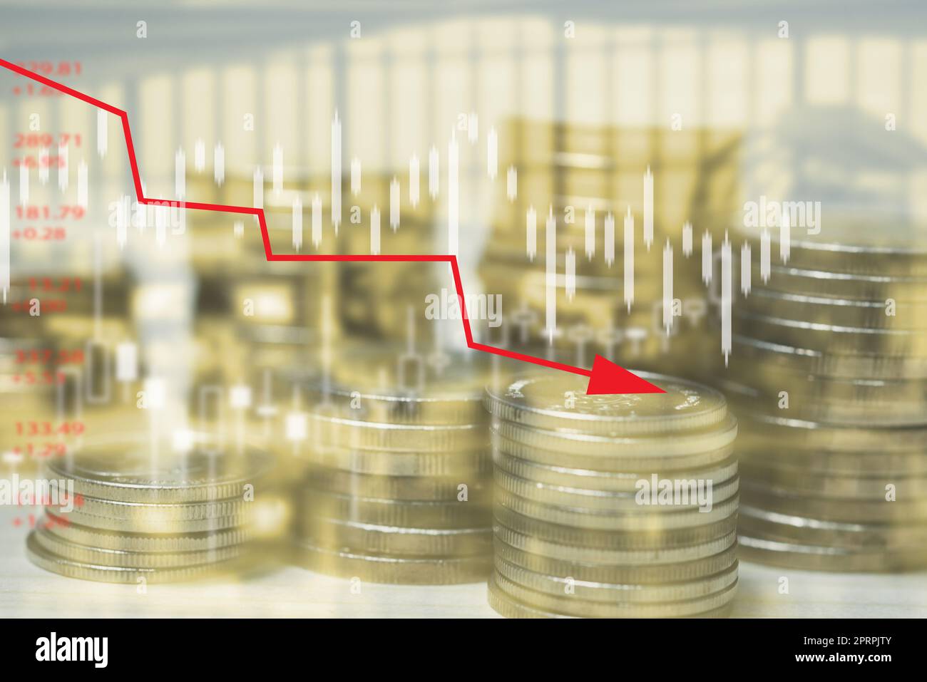 Double exposure Stock market investment trading financial coins with ...