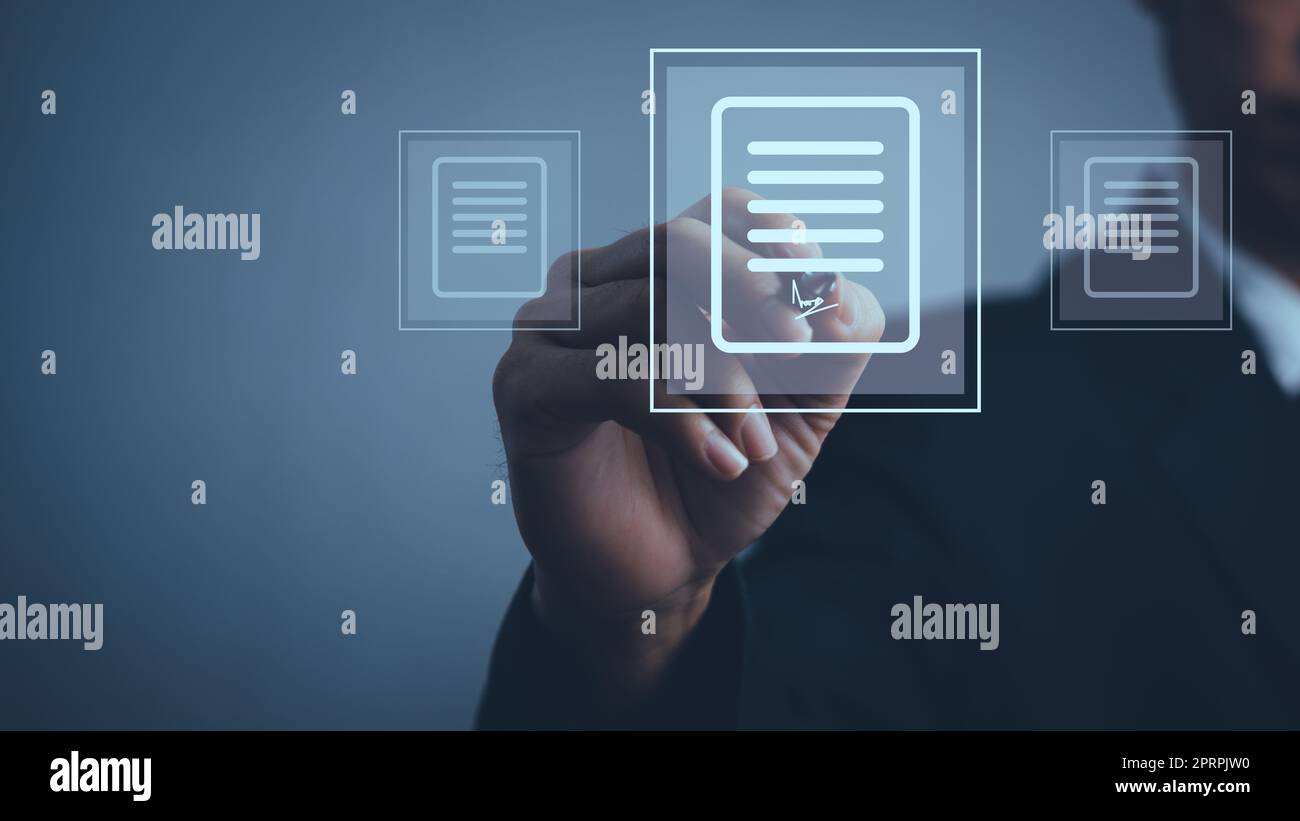 businessman signs an electronic document on a digital document on a ...
