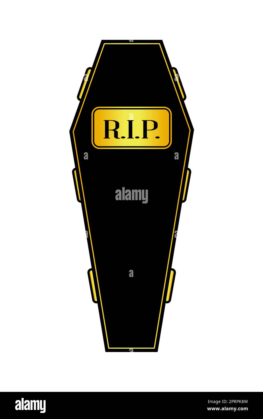 A black silhouette coffin with a R.i.P. plate isolated on a white ...