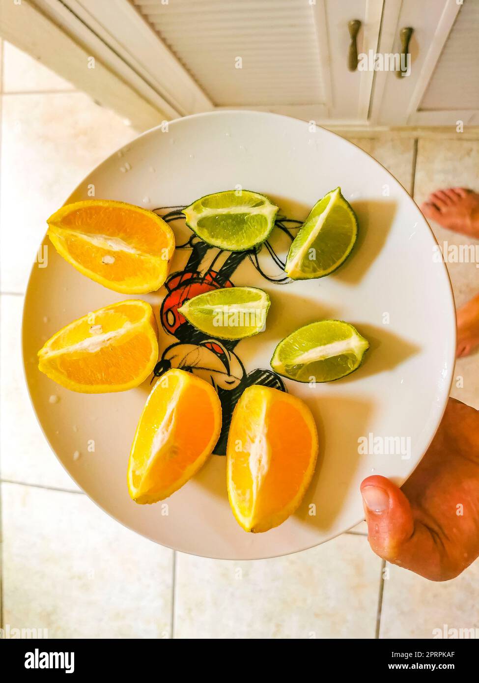 Oranges limes grapes lemon citrus fruits on plate Mexico Stock Photo ...