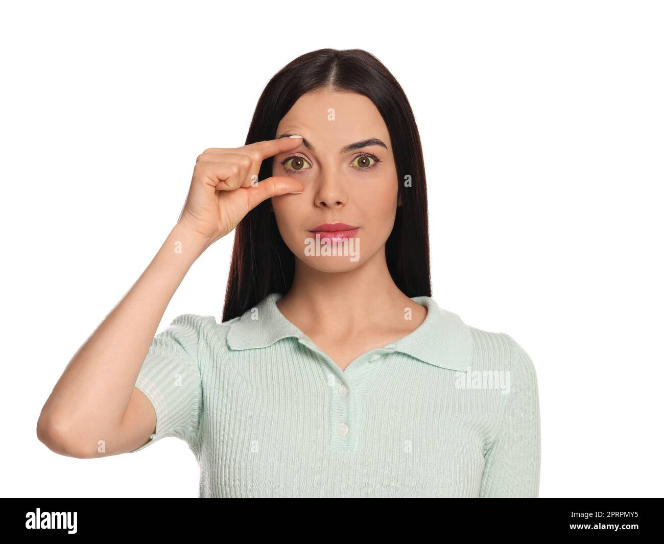 Woman Checking Her Health Condition On White Background Yellow Eyes As