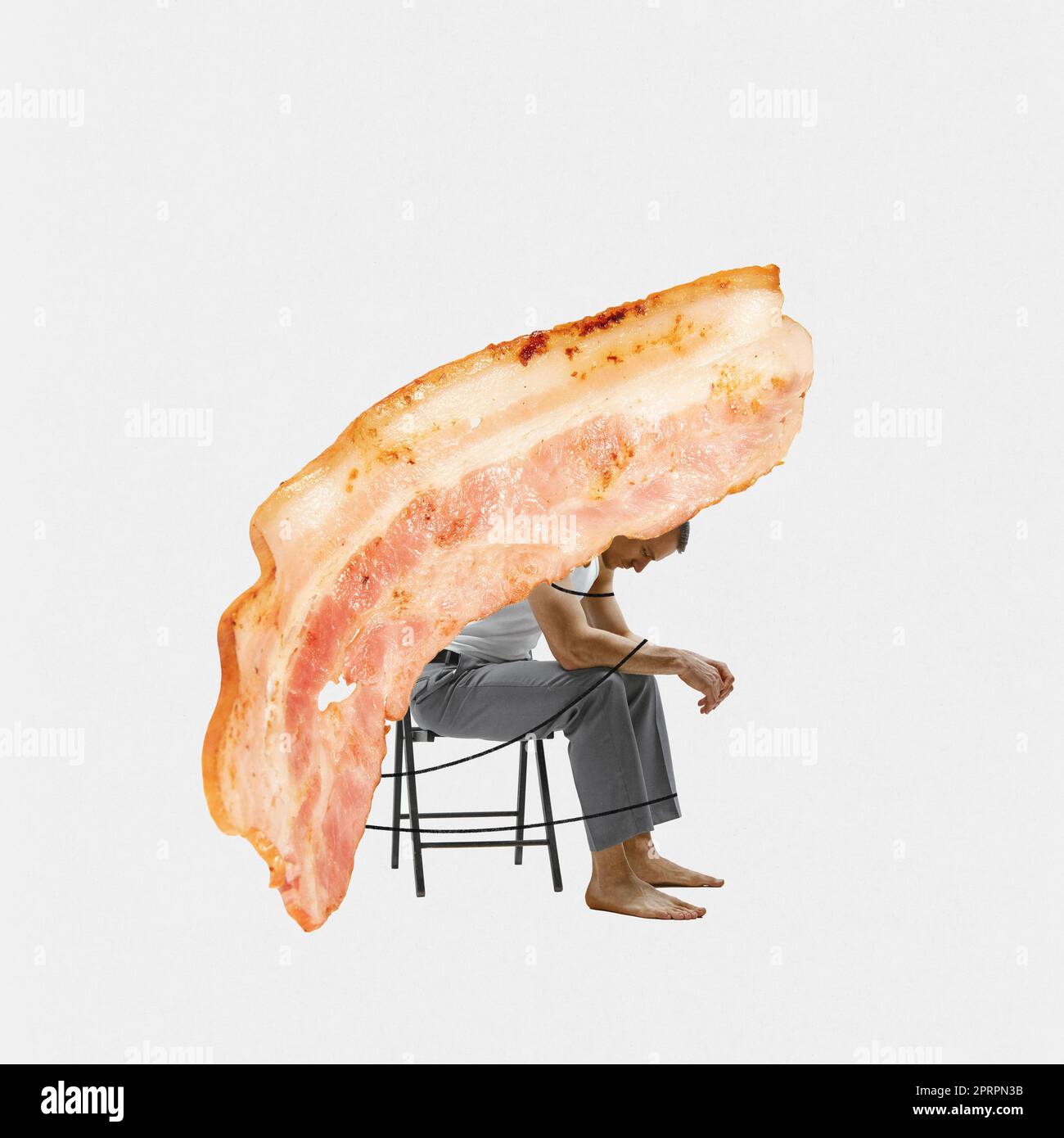Contemporary art collage with sad man tied to bacon and sitting on ...