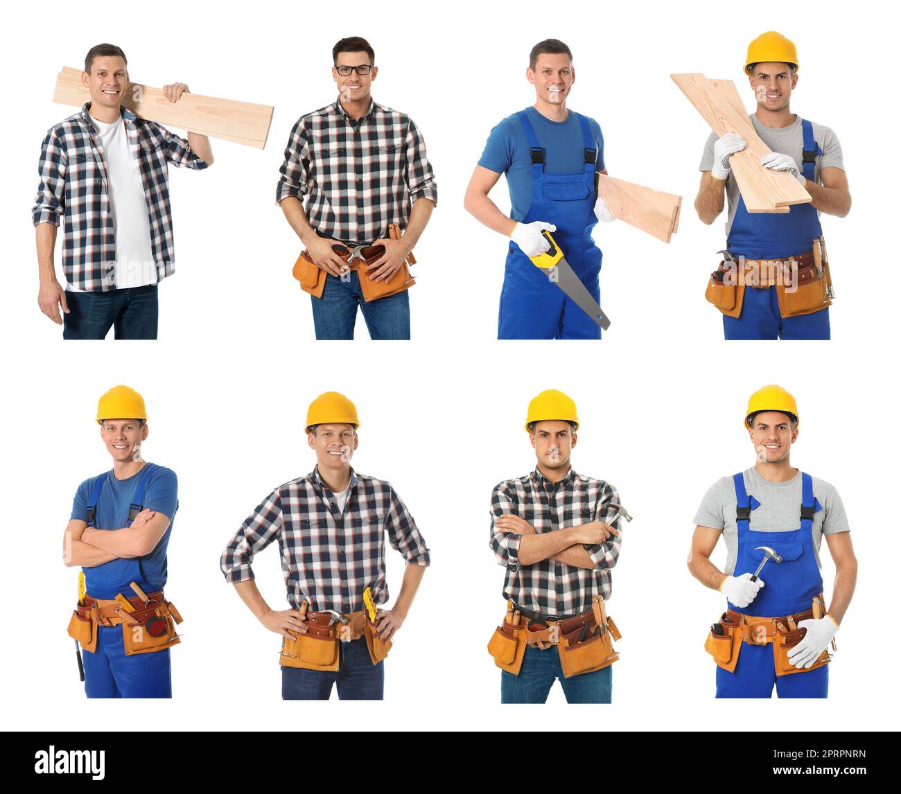 Collage with photos of carpenters on white background Stock Photo - Alamy