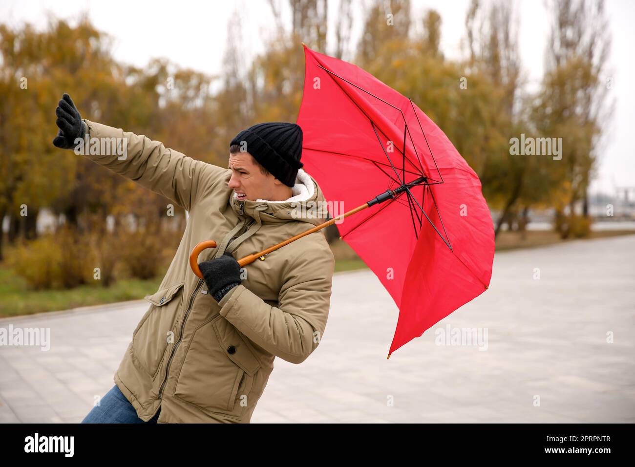 Man with red umbrella caught in gust of wind outdoors Stock Photo - Alamy
