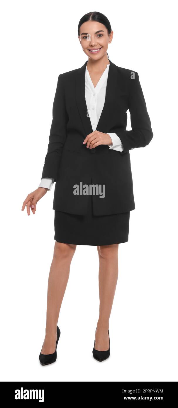 Full length portrait of hostess in uniform on white background Stock ...