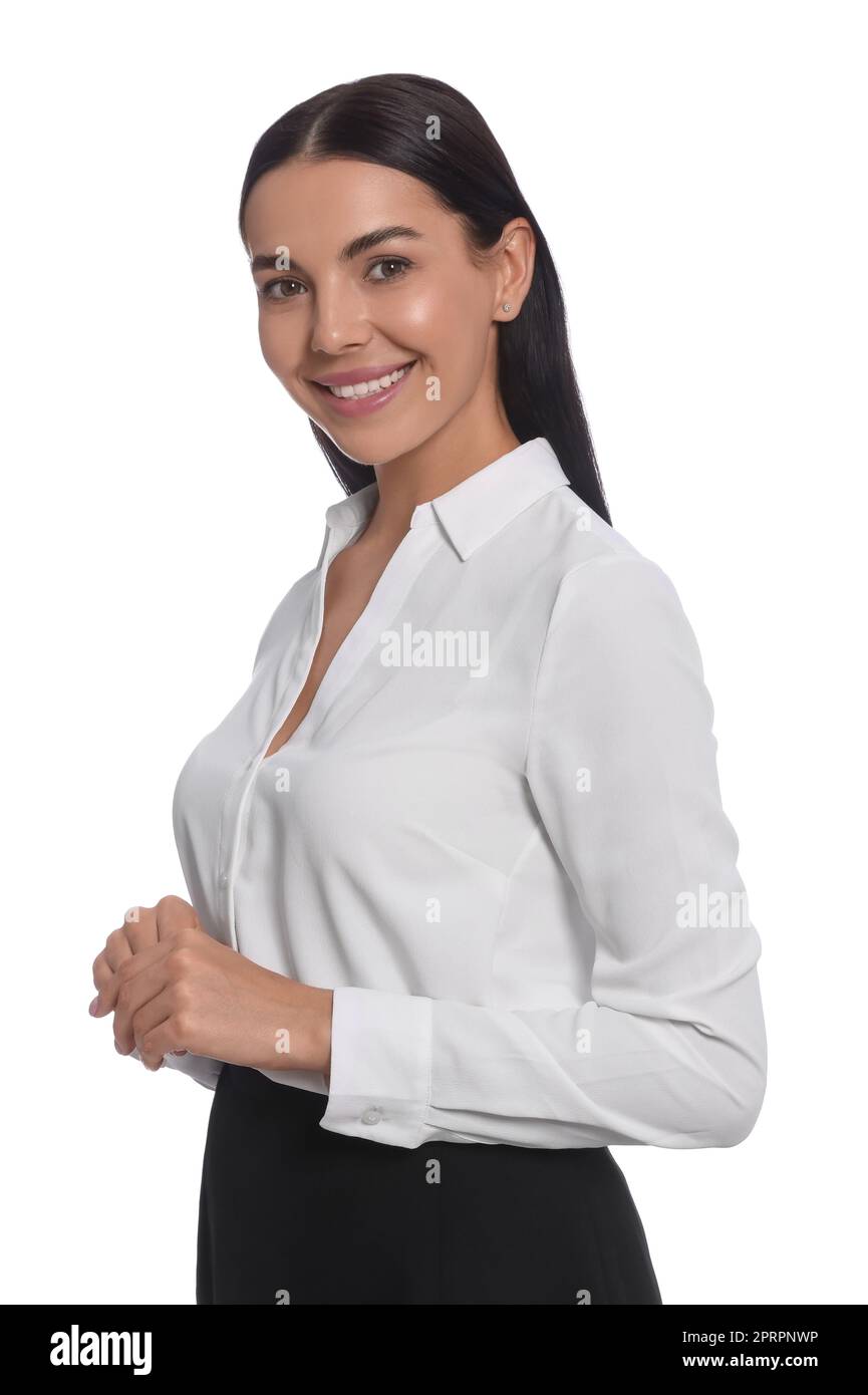 Portrait of hostess in uniform on white background Stock Photo - Alamy