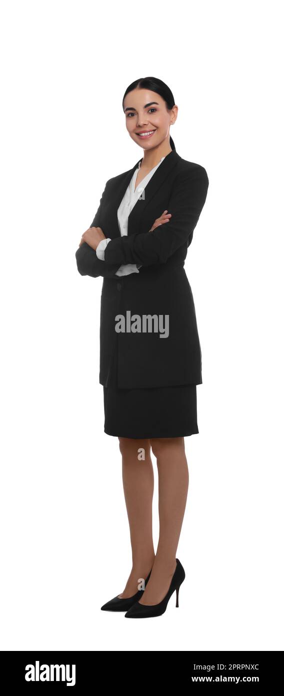 Full length portrait of hostess in uniform on white background Stock ...