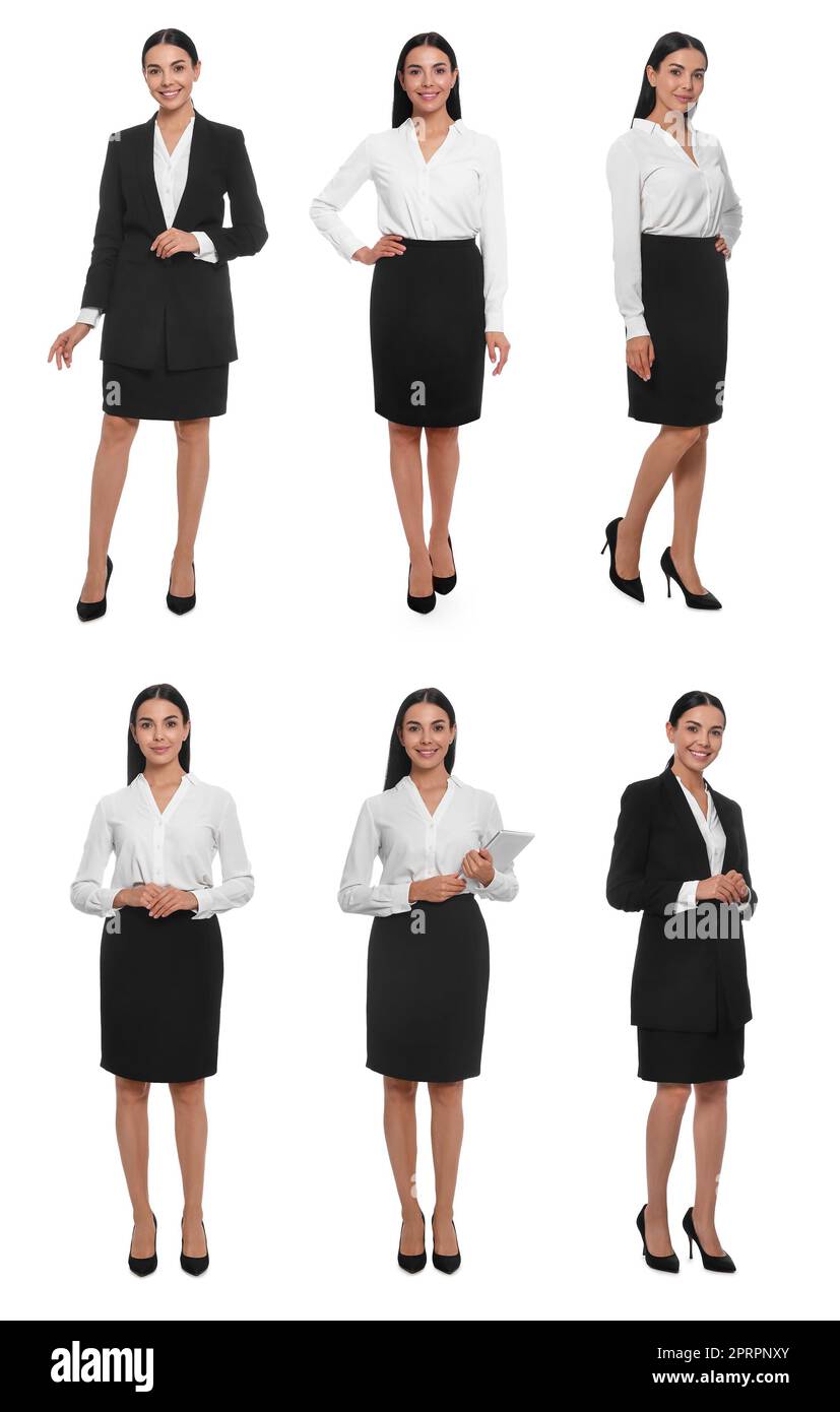 Collage with photos of hostess in uniform on white background Stock ...