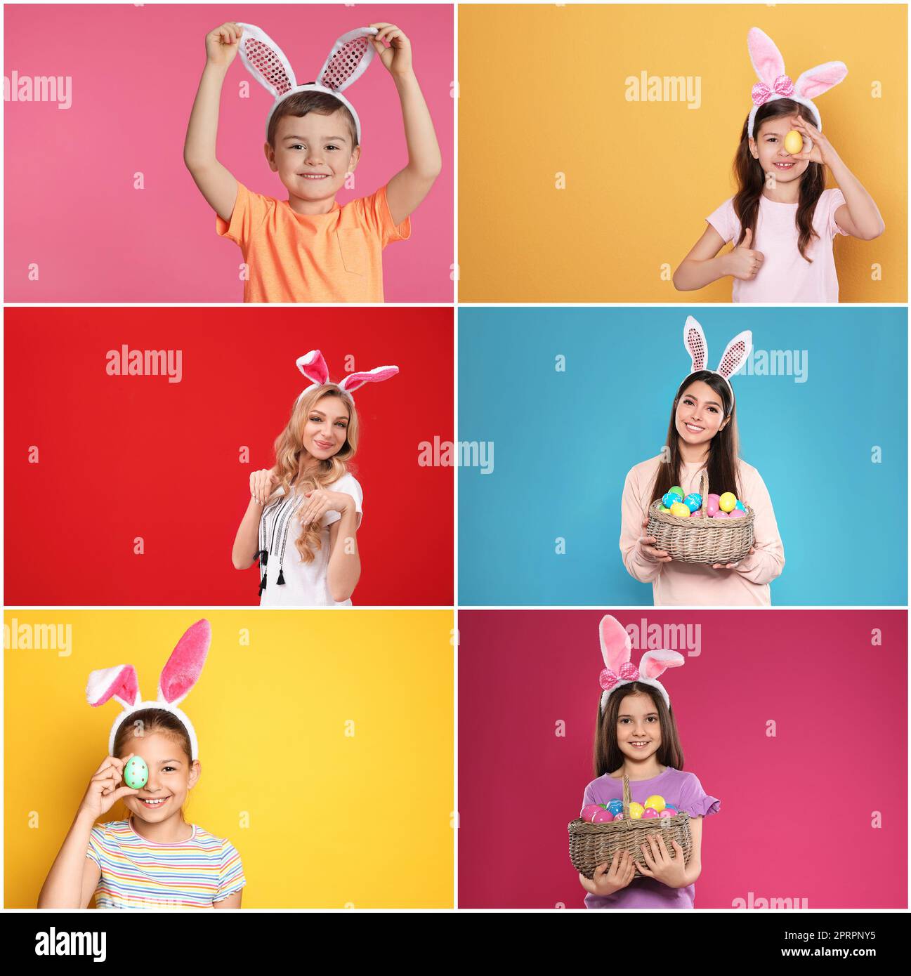 Collage photos of people wearing bunny ears headbands on different ...