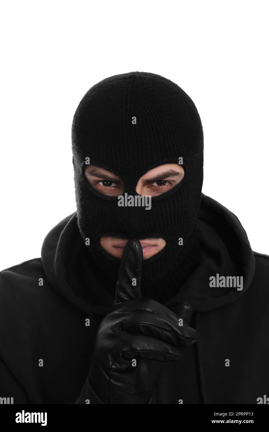 Man wearing black balaclava on white background Stock Photo - Alamy