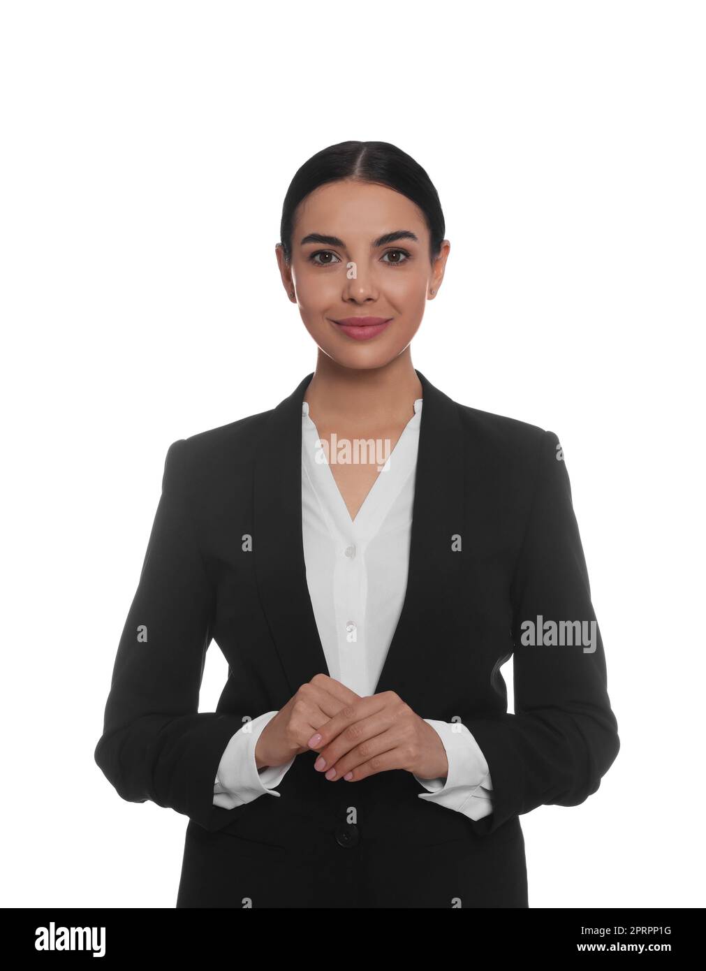 Portrait of hostess in uniform on white background Stock Photo - Alamy
