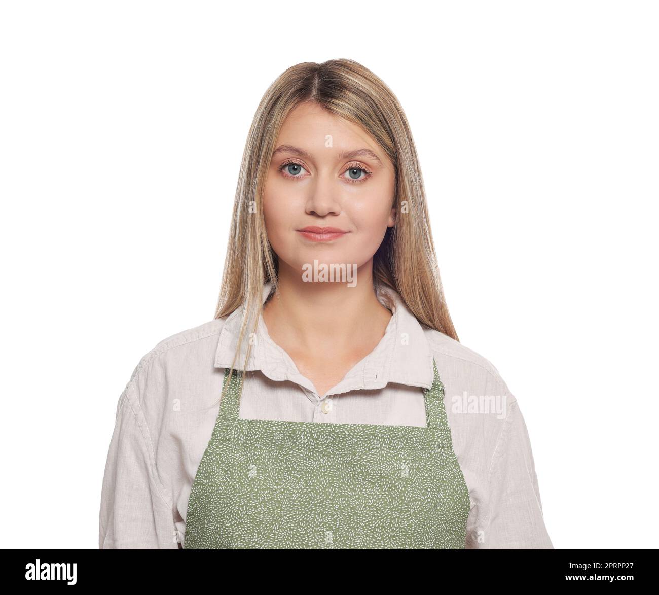 Beautiful young woman in clean apron on white background Stock Photo ...