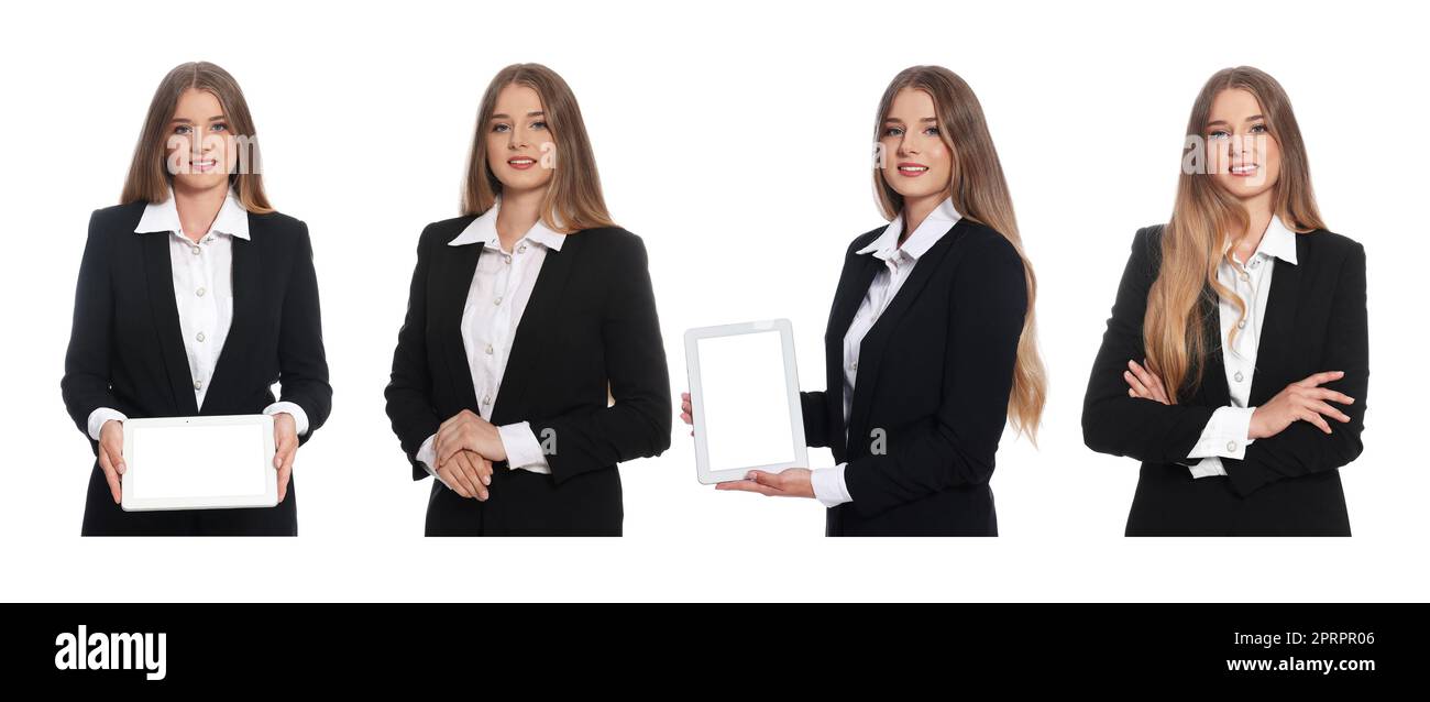 Collage with photos of hostess in uniform on white background. Banner ...