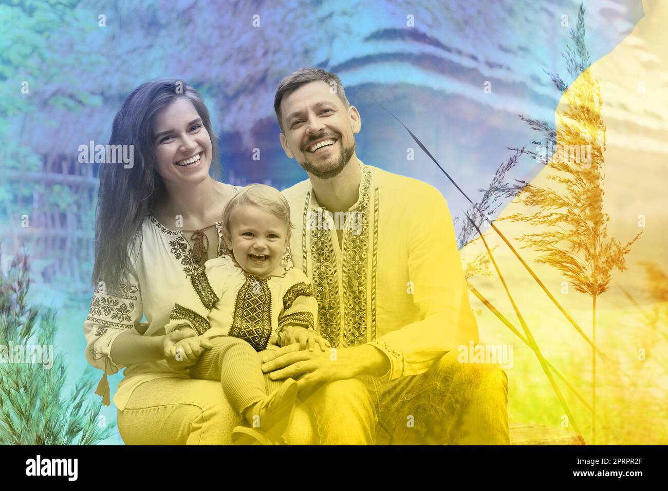 Double exposure of happy family wearing national clothes and Ukrainian ...