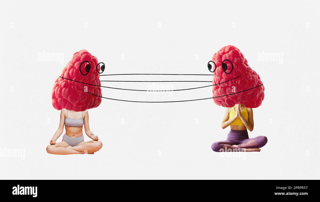 Contemporary art collage with two women, girls with raspberry instead ...