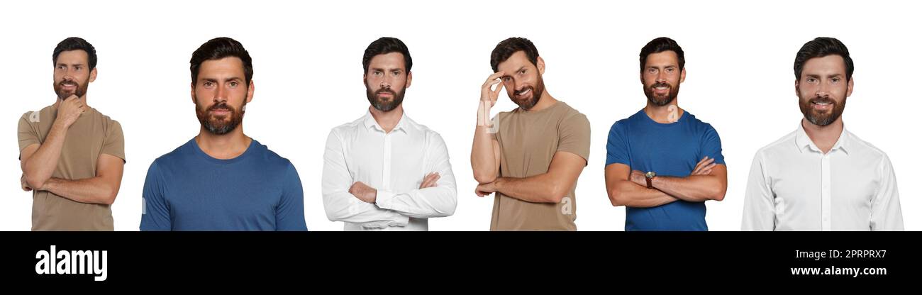 Collage with photos of handsome man bearded man on white background ...