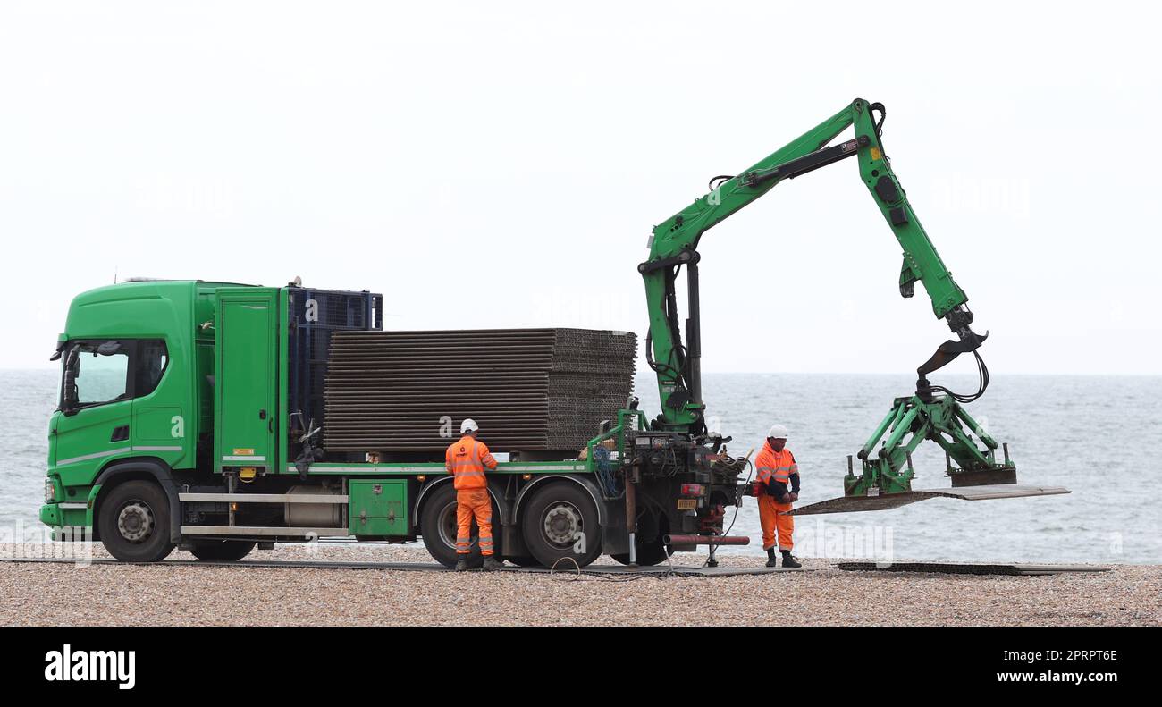 Arena Panels are positioned onto the pebbled beach in Brighton prior to ...