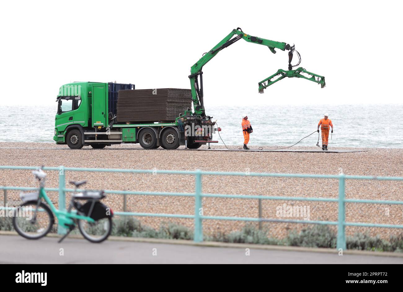 Arena Panels are positioned onto the pebbled beach in Brighton prior to ...