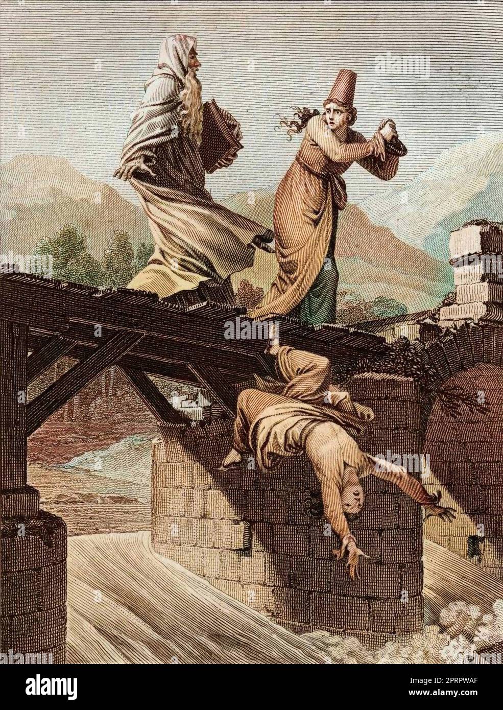 "Chute d'une enfant dans un fleuve" Gravure illustrant "Zadig" de ...
