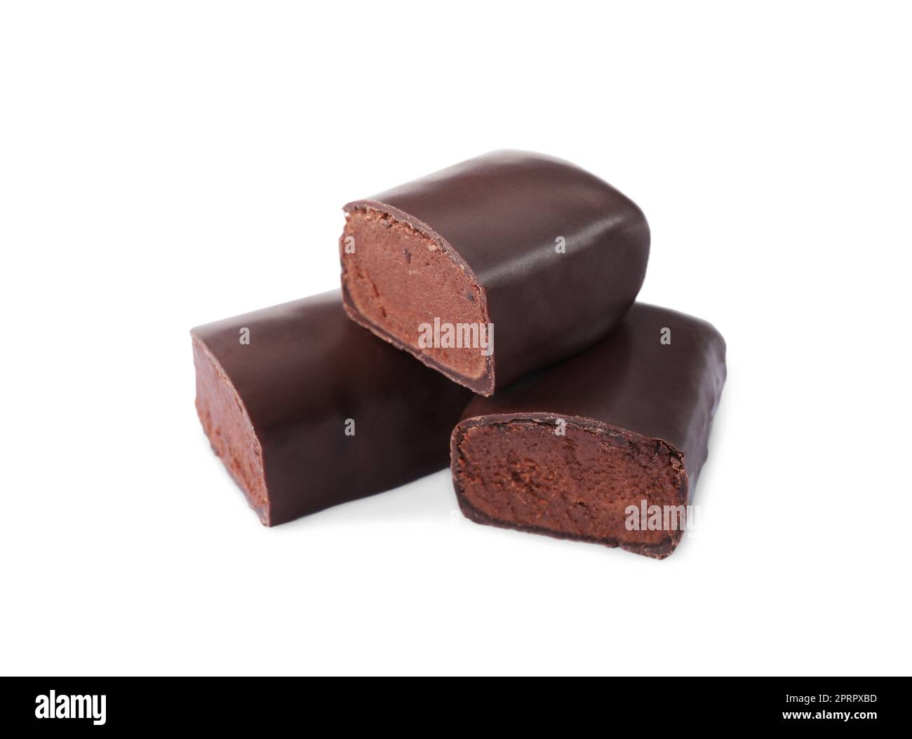 Delicious cut glazed curd snacks with cocoa on white background Stock ...