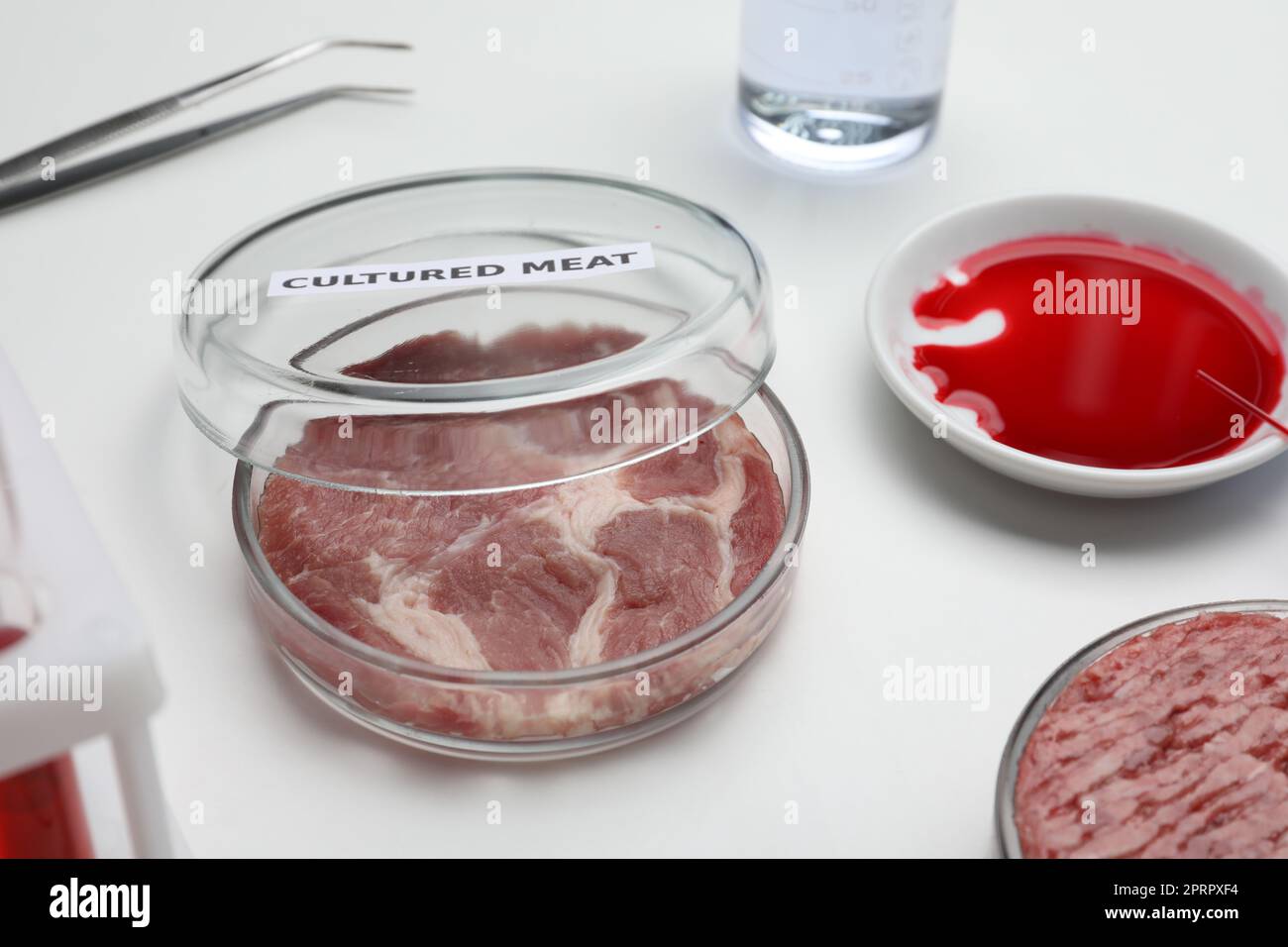 Sample of cultured meat on white lab table Stock Photo - Alamy