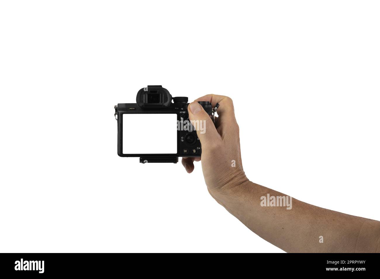 a mirrorless camera in a male hand on a transparent background Stock ...