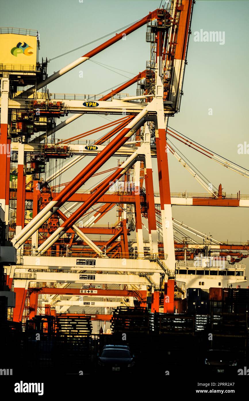 Crane group of Yokohama Port and evening Stock Photo - Alamy