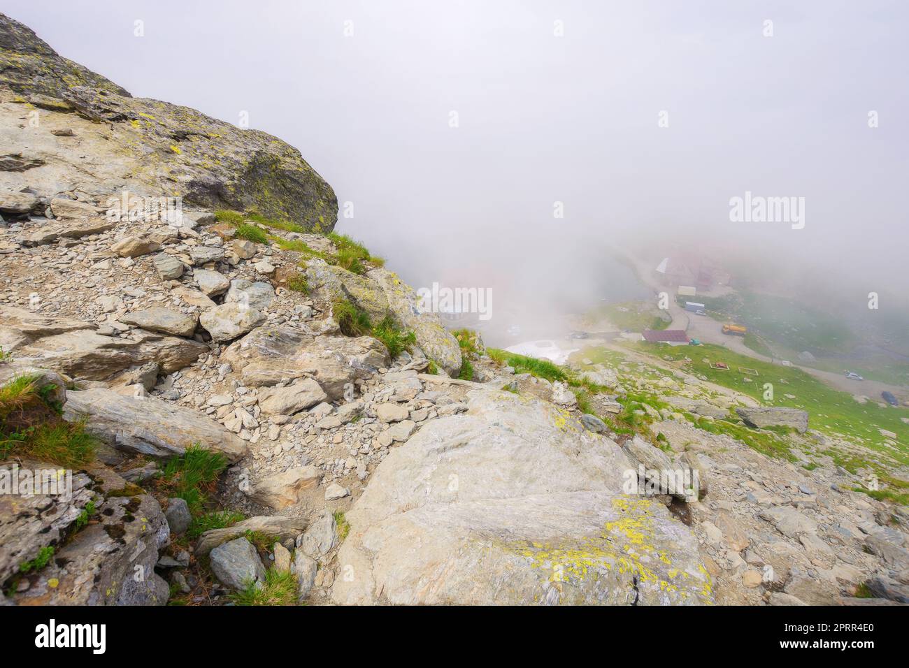romanian countryside scenery on a foggy day. mountainous nature ...