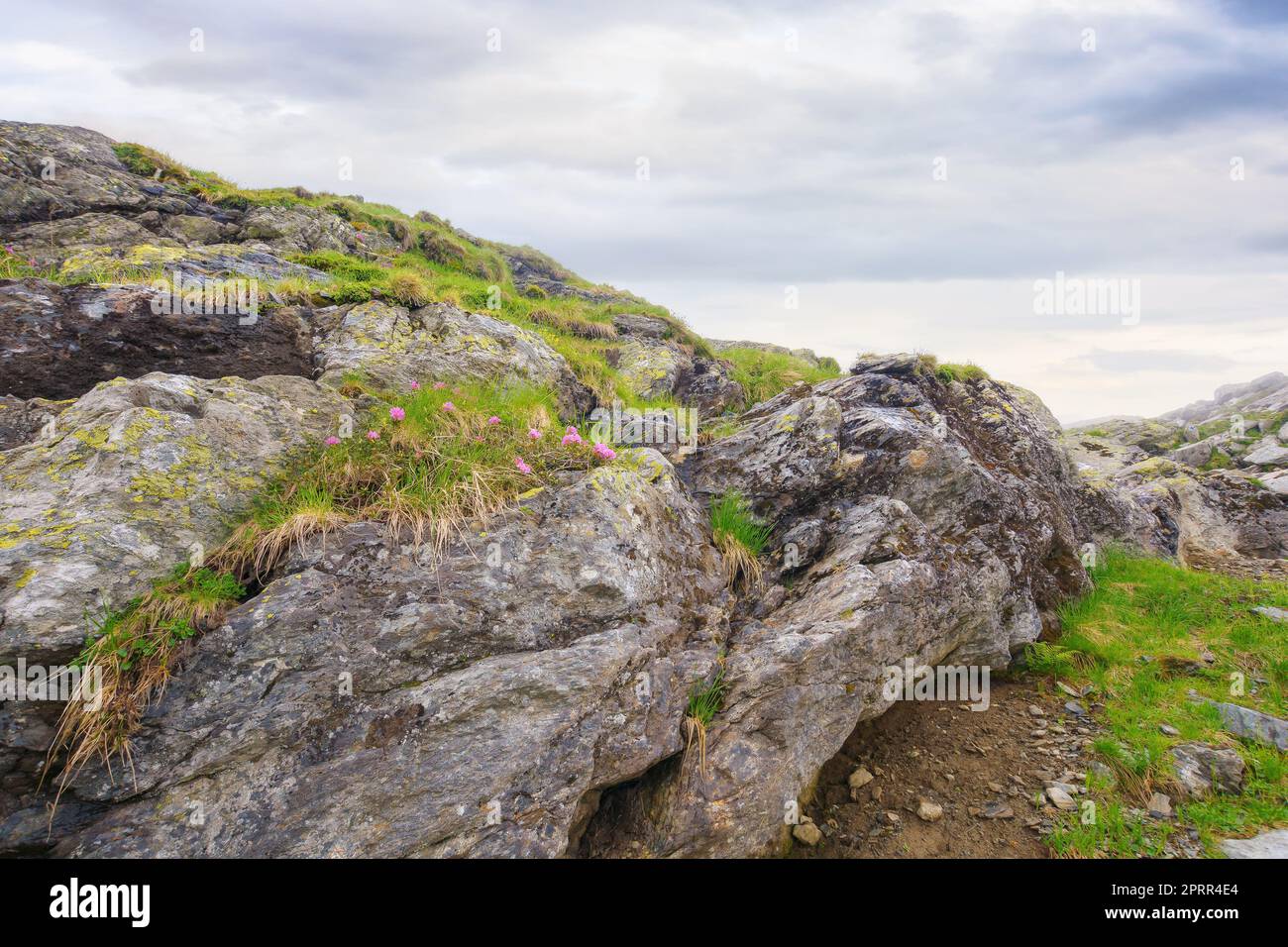steep slopes of fagaras mountains, romania. rocks and boulders among ...
