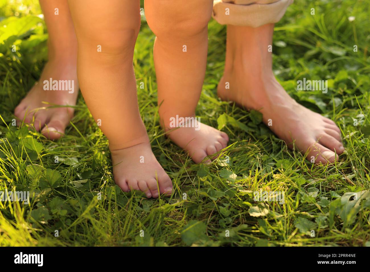 Woman with her child walking barefoot on green grass outdoors, closeup ...