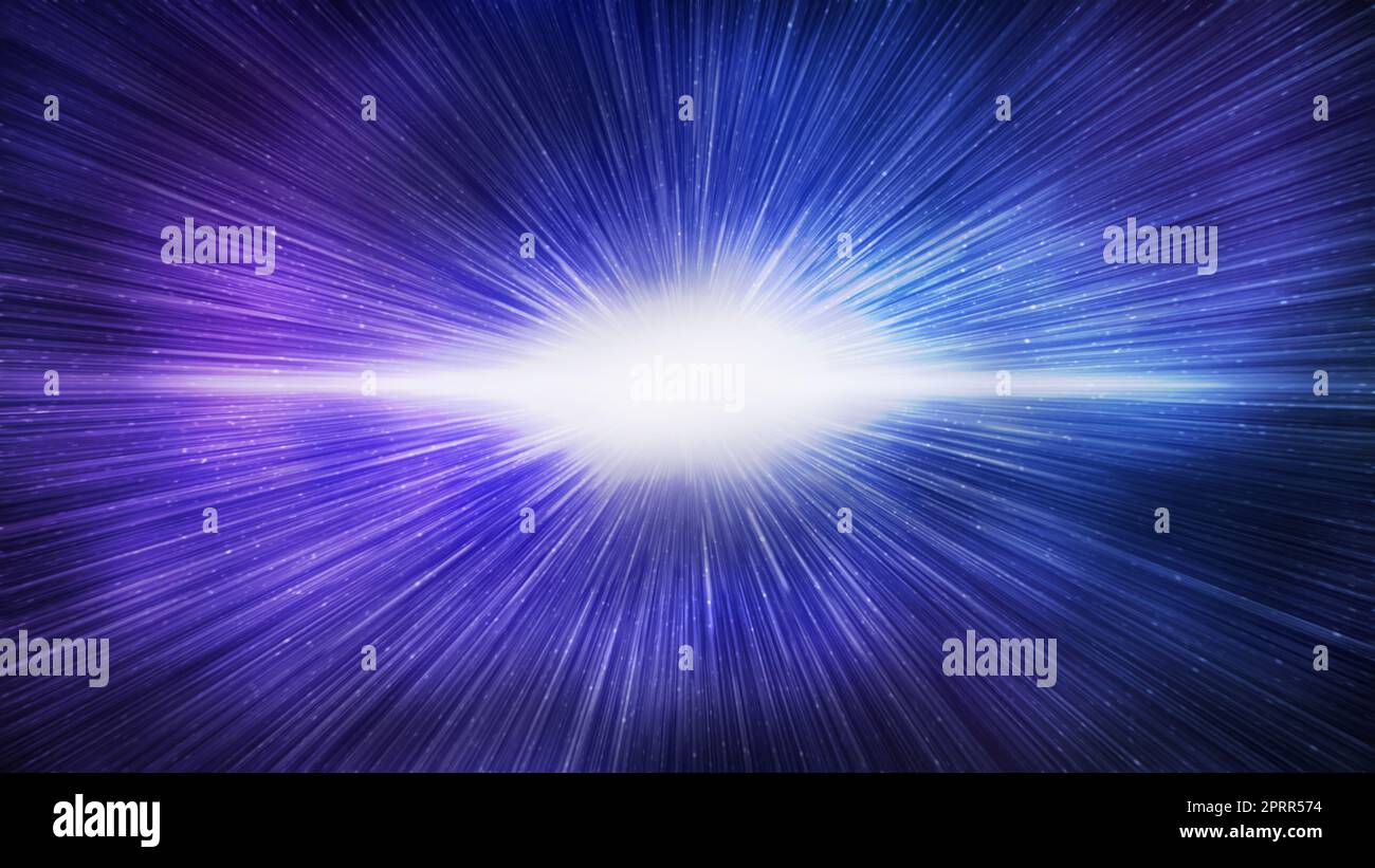 Big bang effect on bright blue galaxy sky, horizontal background. 3d ...