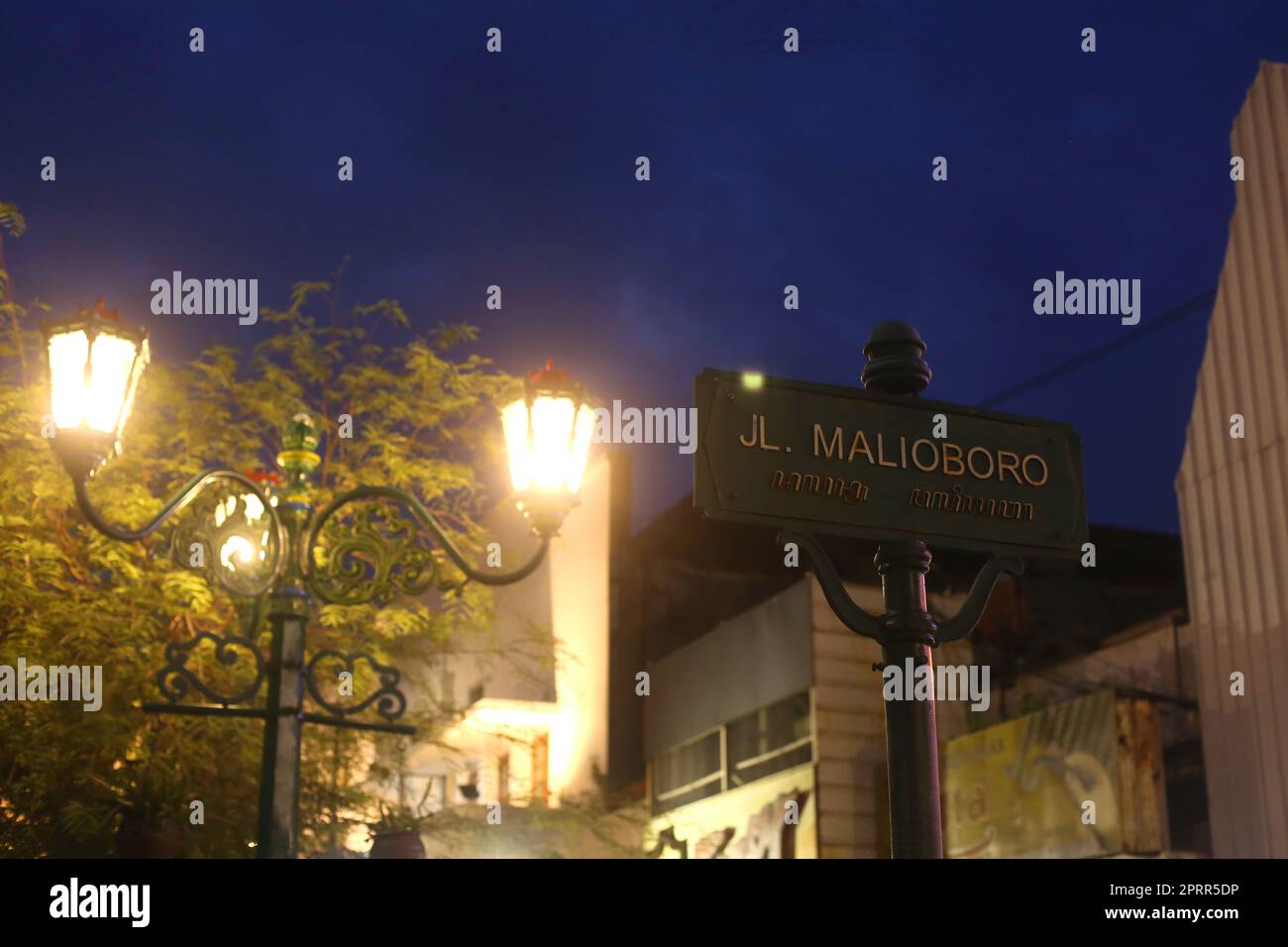 malioboro signboard in yogyakarta with trees, city lights and evening ...