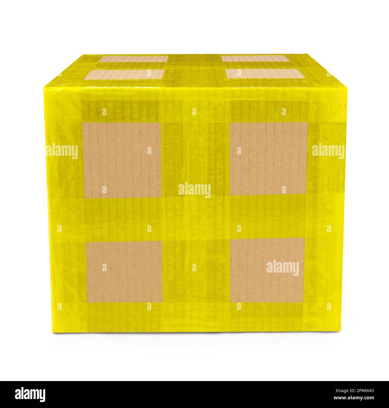 Cardboard parcel box with yellow sticky tape on white background Stock ...