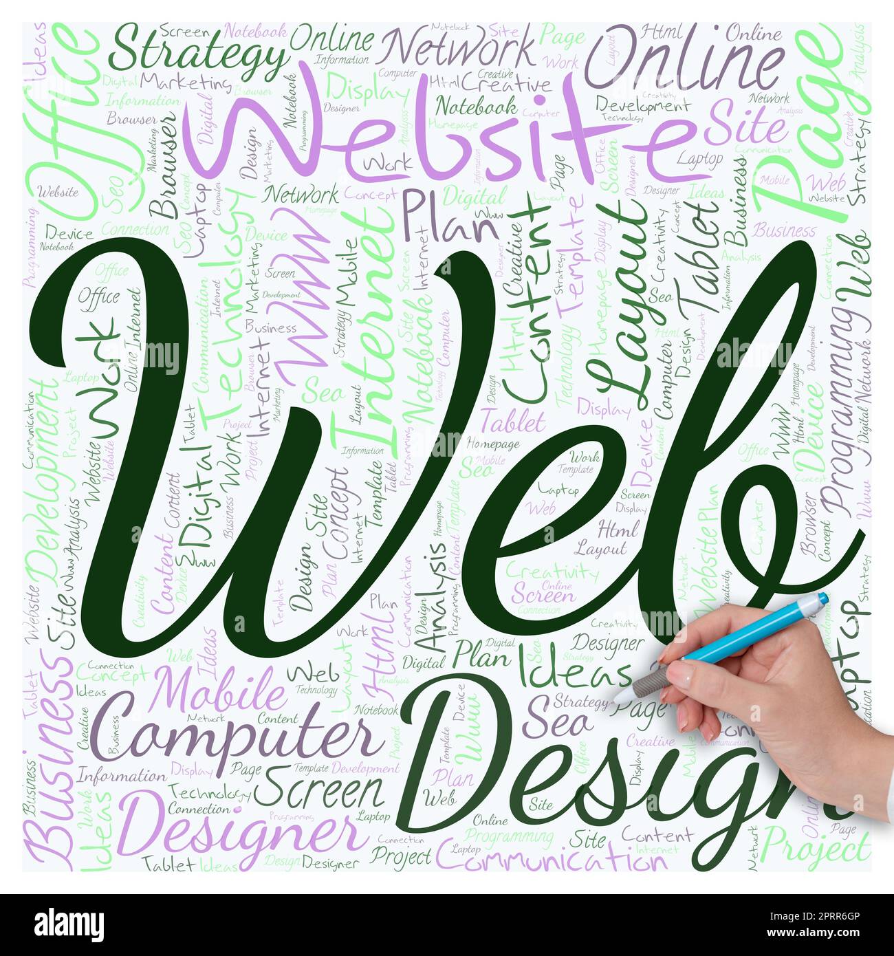 Big word cloud in the shape of square with hand and pen with word WEB ...