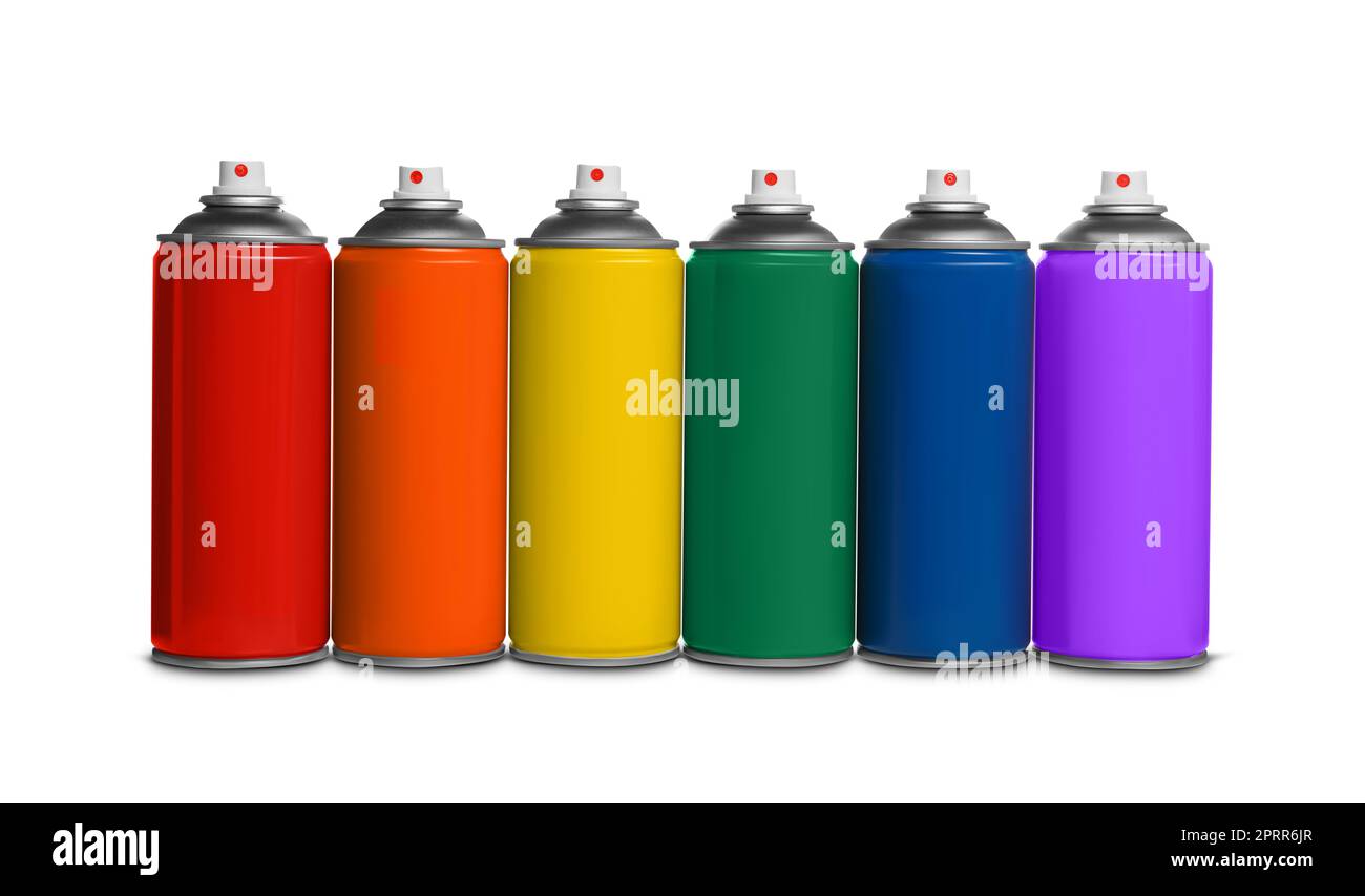 Colorful cans of spray paints on white background Stock Photo - Alamy