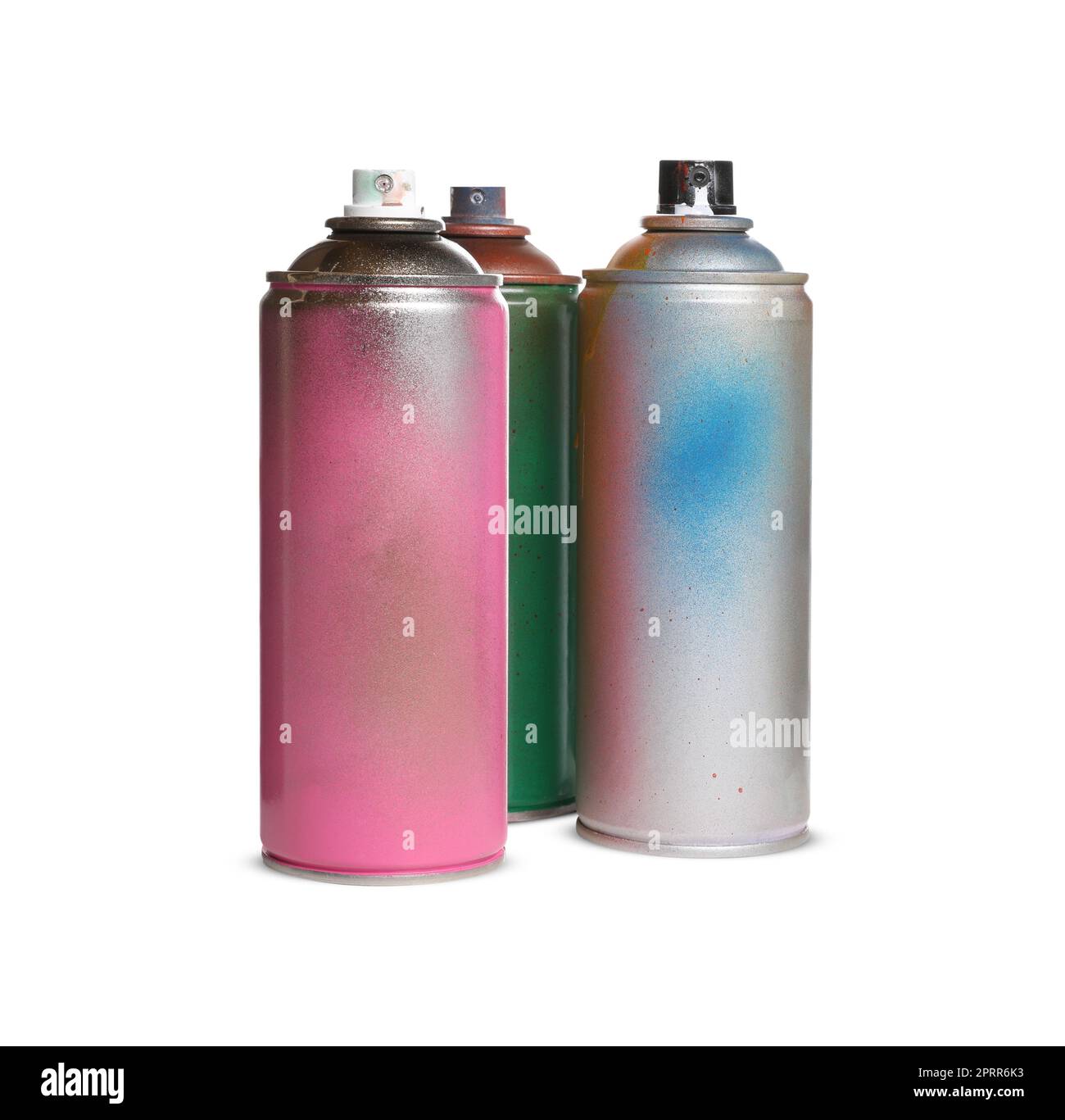 Used cans of spray paints on white background Stock Photo - Alamy