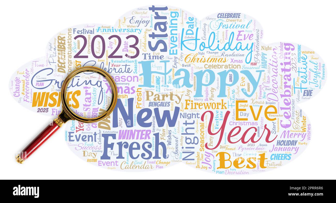 Big word cloud with words Happy New Year 2023 with magnifying glass ...
