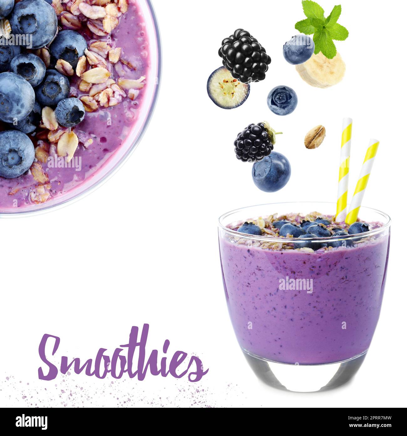 Tasty fresh fruits falling into glass with smoothie on white background ...