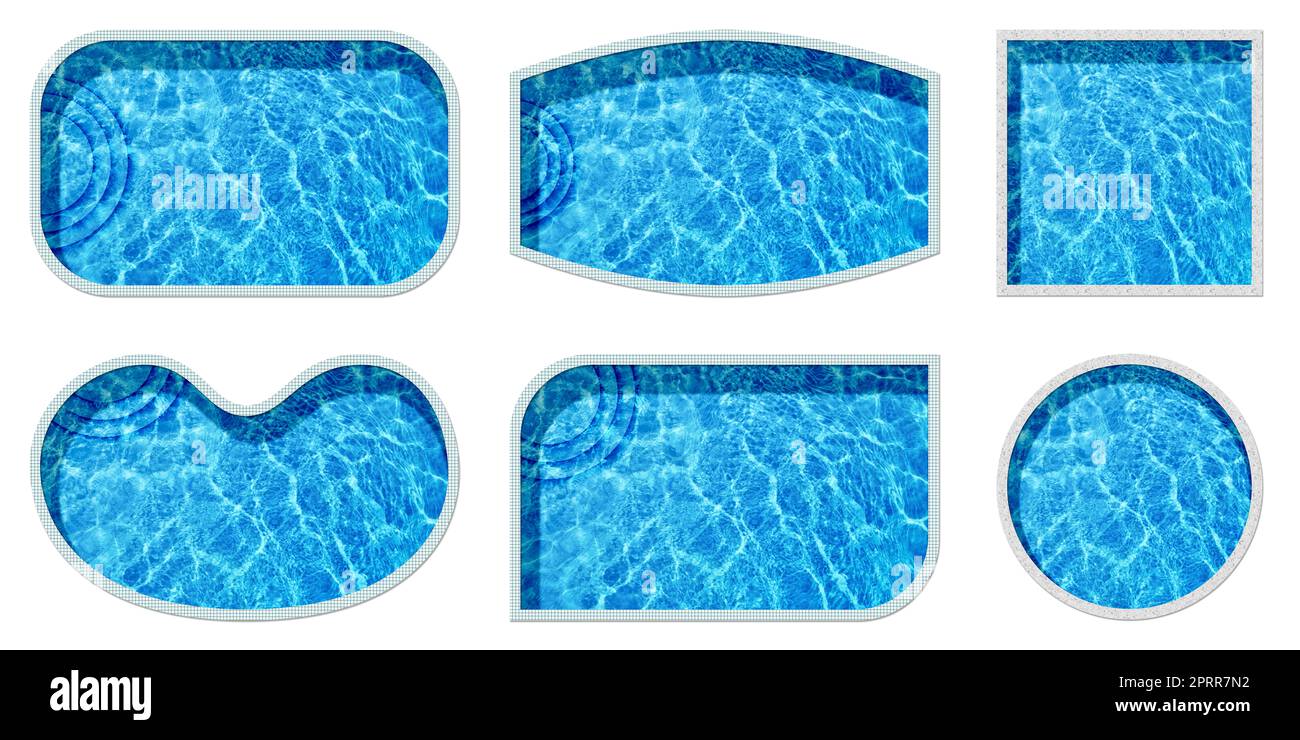 Set with swimming pools of different shapes on white background, top ...