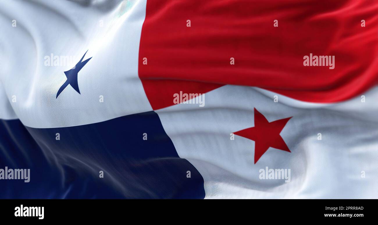 Close-up view of the Panama national flag waving in the wind. The ...