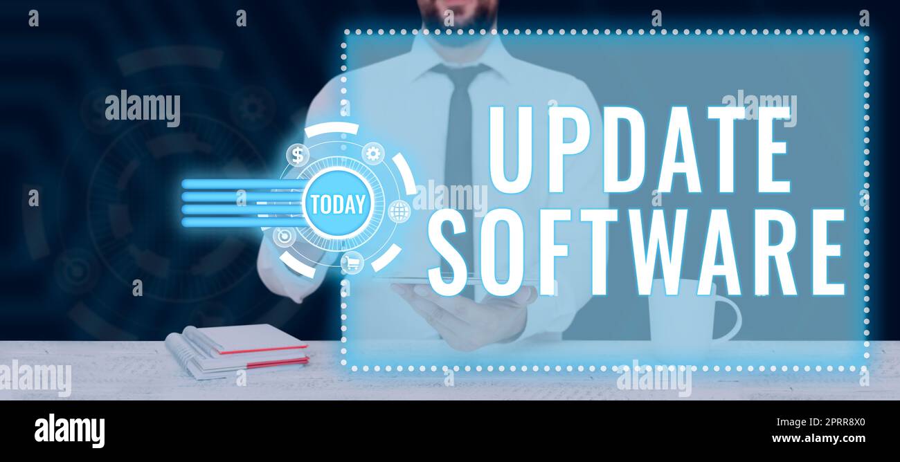 Hand writing sign Update Software, Word for an application patch fixing ...