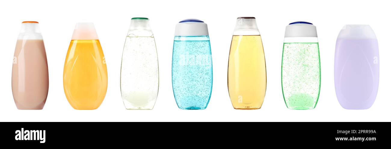 Set with bottles of shower gels on white background. Banner design ...