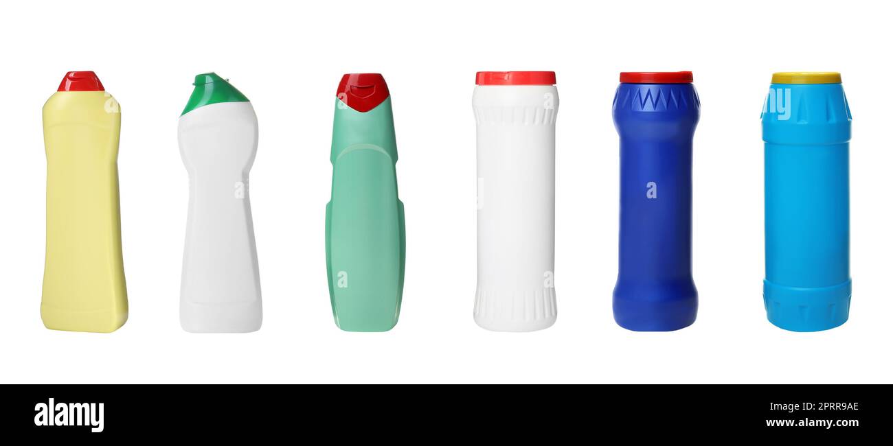 Set with bottles of different cleaning products on white background ...