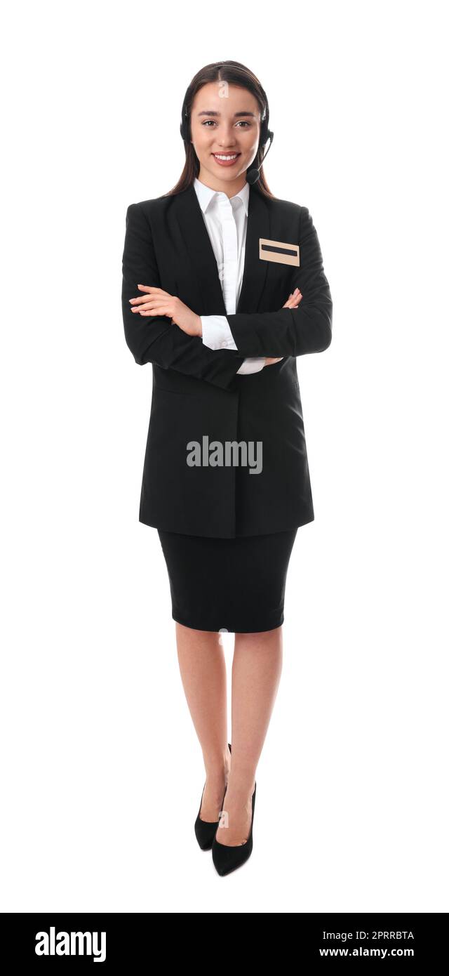 Full length portrait of receptionist with headset on white background ...