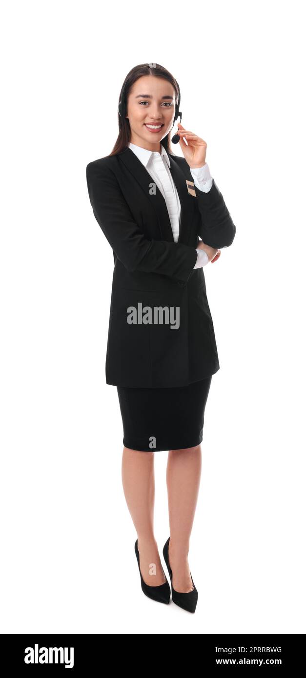 Full length portrait of receptionist with headset on white background ...