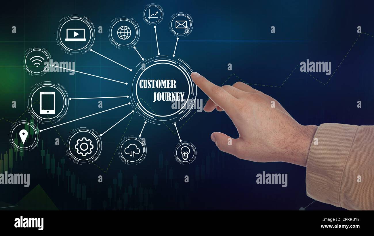 Customer journey concept. Man pointing at virtual screen with different ...
