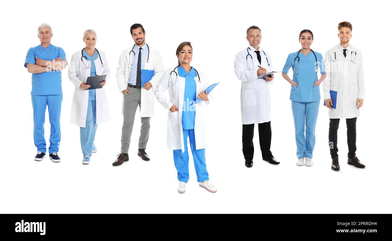 Collage with photos of doctors on white background Stock Photo - Alamy