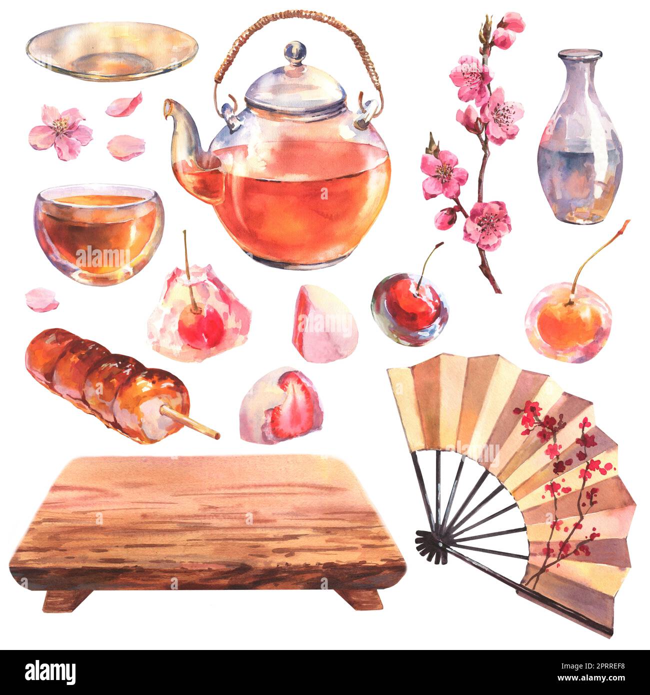 Watercolor asian tea set with transparent teapot, cup of tea, branch of ...